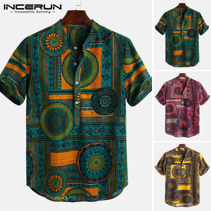 Beehoo INCERUN เสื้อแขนสั้นลายดอกไม้ผ้าลินินผ้าฝ้ายฤดูร้อนชายย้อนยุค ...