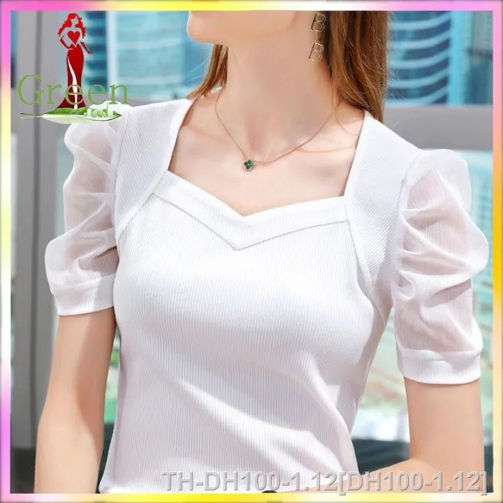 DH100-1.12 เสื้อยืดแขนสั้น ผ้าเรยอน ขนาดใหญ่ สีเขียว แฟชั่นฤดูร้อน สไตล์ฝรั่งเศส สําหรับผู้หญิง ...