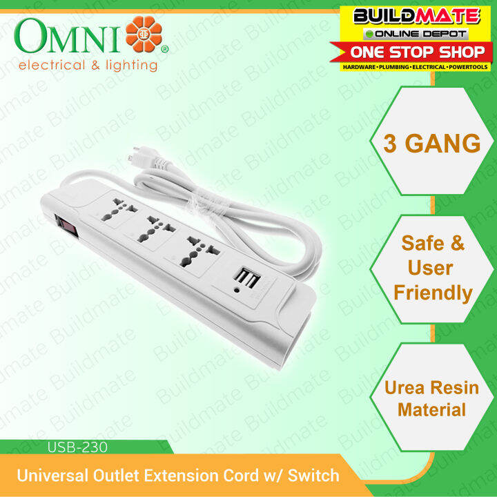 Omni 3Gang Universal Extension Cord Socket Outlet With Switch and USB ...