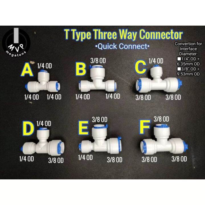T Type 3 Way Connector Quick Connect RO Fittings 1/4" and 3/8" Reverse ...