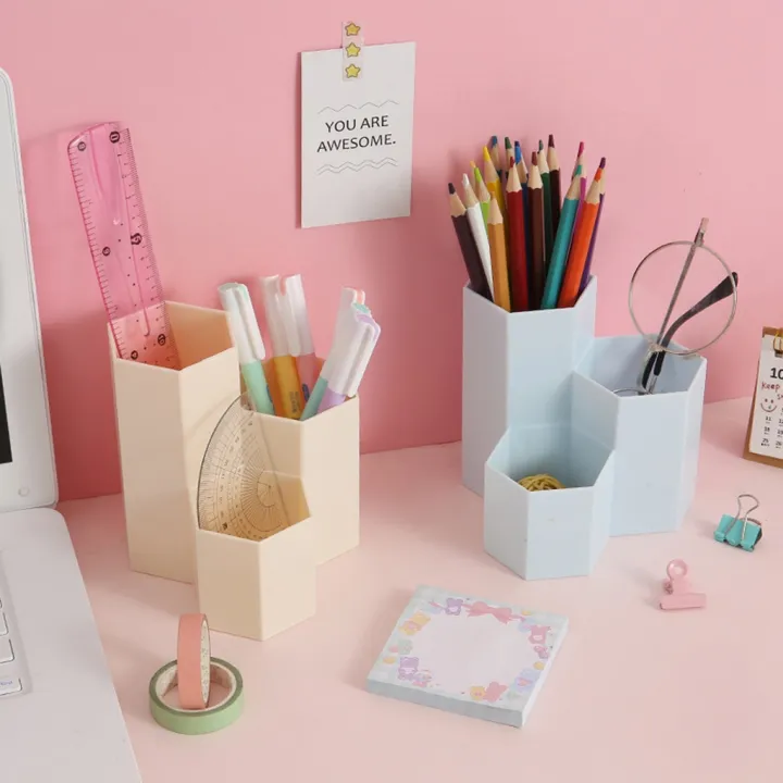 Rak Holder Pen Pensil Bahan Plastik Desain Segi Enam 3 Sekat Hemat ...