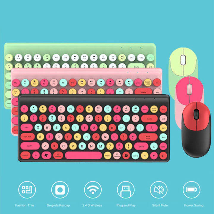 FIREWOLF Candy color 2.4G 86 Keys Wireless Keyboard and Mouse Set Retro ...