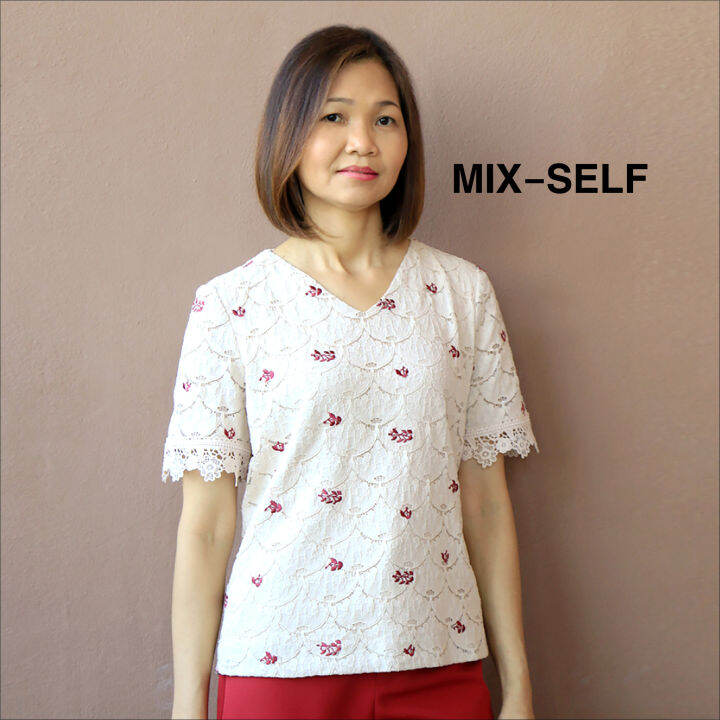 MIX-SELF เสื้อเบลาส์ผ้าลูกไม้มีลายปัก รุ่น IB7262A - สีเบจ | Lazada.co.th
