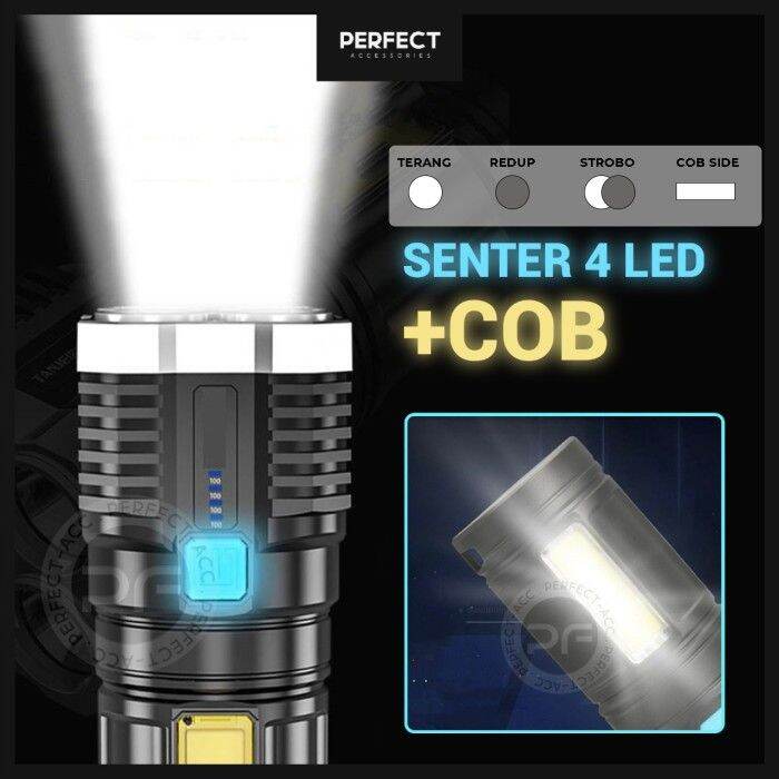 Lampu Senter Emergency 4 LED COB Penerangan Jarak Jauh Sangat Terang ...