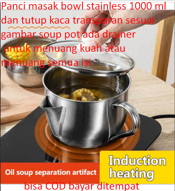 Panci masak bowl stainless 1000 ml dan tutup kaca transparan sesuai ...