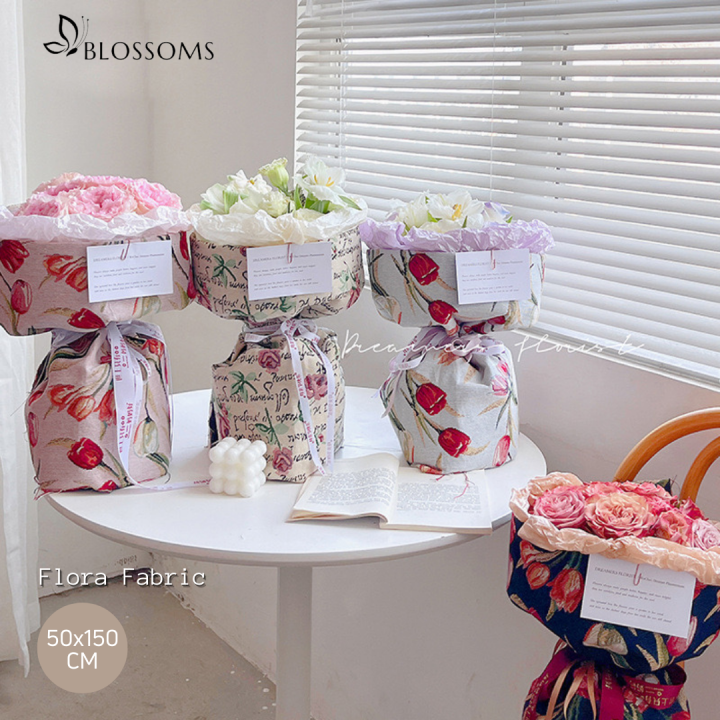 [MY Ready Stock] Floral Fabric Tulip & Roses Linen Fabric Wrapping ...