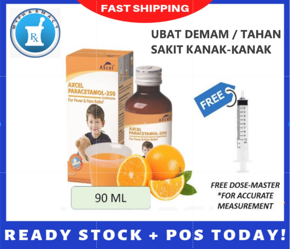 AXCEL PARACETAMOL 250MG ORANGE FLAVOUR 90ML [EXP 30.04.2024] FEVER AND PAIN RELIEF FOR CHILDREN ...