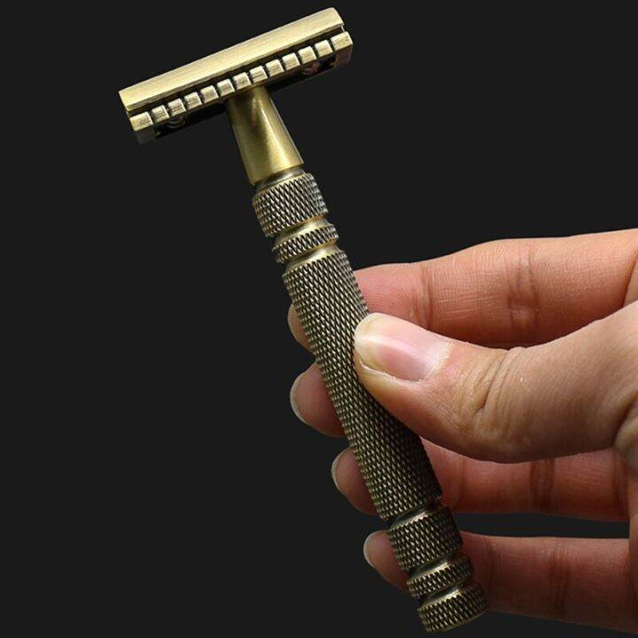 Mens Classic Double-Sided Manual Razor Long Brass Handle 3-Piece Safety ...