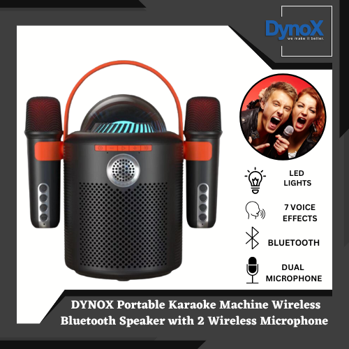 DYNOX Portable Karaoke Machine Wireless Bluetooth Speaker with 2 Wireless Microphone LED Lights ...
