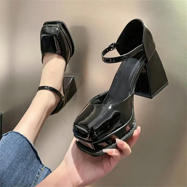 【CW】 Black Punk Chunky Designer Platform Mary Janes Heels Shoes Women ...