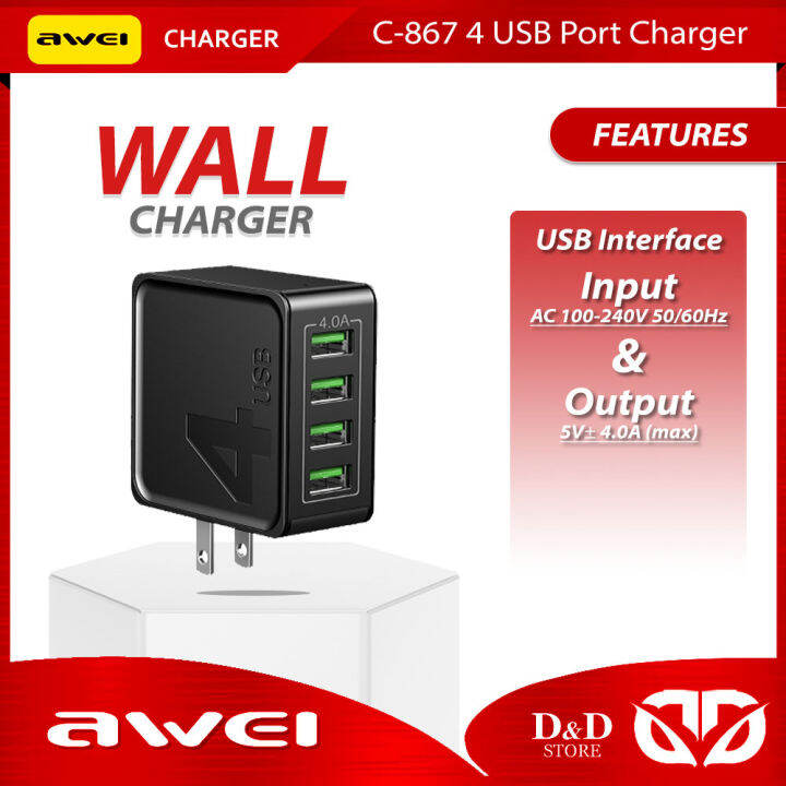 D&D | AWEI C867 Charger 4-Port USB Output Charging 4.0A Wall Charger for Mobile Phone | Lazada PH