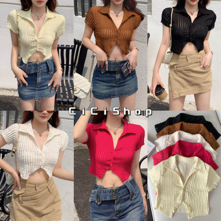 Cici(Y031)Mini Croptop เสื้อครอปไหมพรมดีเทลแหวกอก แต่งกระดุมกลางคัตติ้ง ...