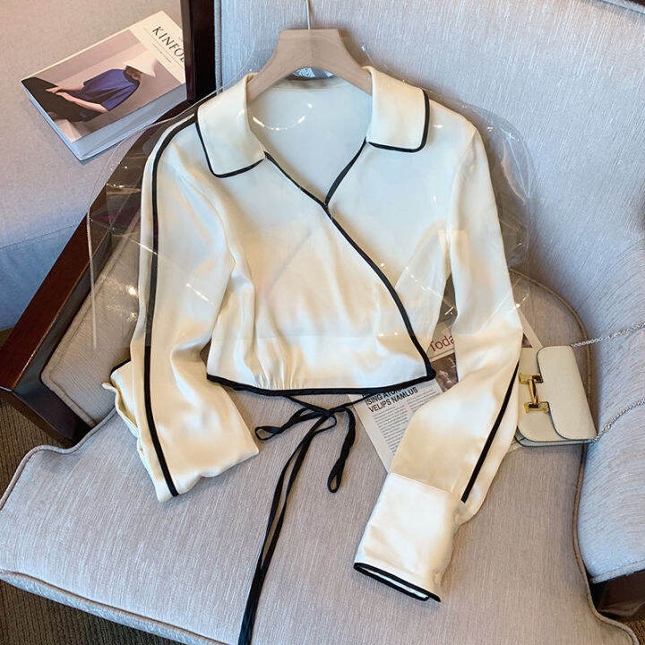 Coconie เสื้อลูกไม้ผ้าซาตินสำหรับผู้หญิงสไตล์เกาหลีใหม่เสื้อครอปเกรดพรี ...