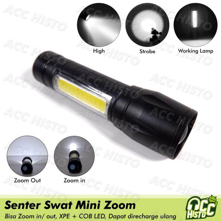 Senter SWAT Mini Zoom LED COB + XPE Police Flashlight Super Terang ...
