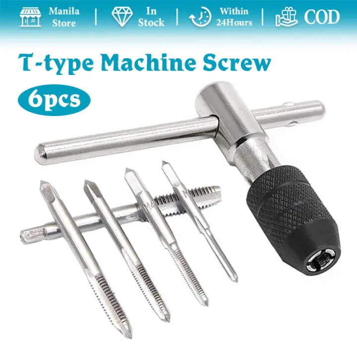 6 PCS T-Handle Tap Holder Wrench Adjustable Machine Thread Taps Set M3 M4 M5 M6 M8 T Type Thread ...