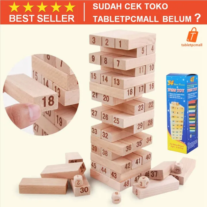 Permainan Susun Balok Kayu 54 Balok dan 4 Dadu Jenga Kecil Building ...
