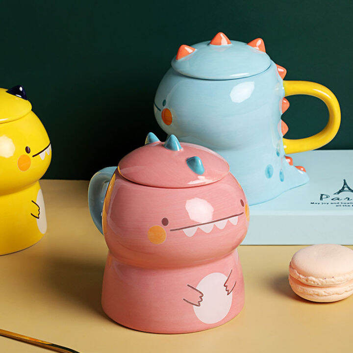 450Ml Kartun Tangan Dicat Dinosaurus Mug Keramik dengan Tutup Hewan ...