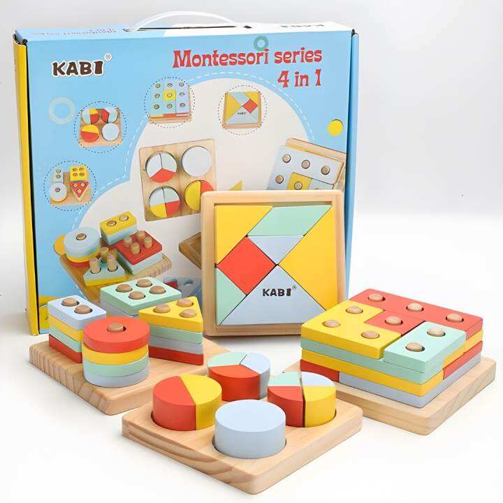BYJ KABI Montessori Series 4 in 1 Wooden Sort and Stack Puzzle for Kids ...