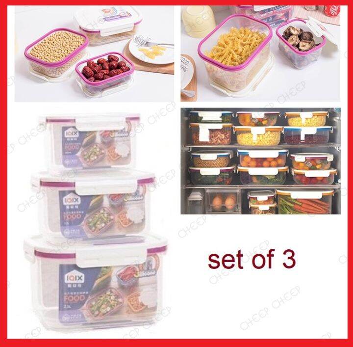 3 Stackable Lock Rectangular Food Container Air Tight Leak Proof Crisper BPA-free Plastic Space ...