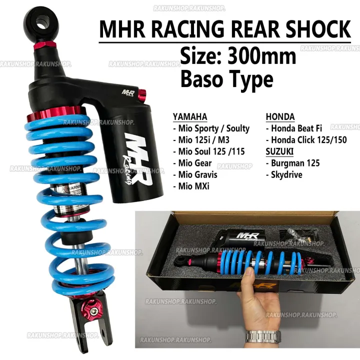 Rear Shock Absorber 300mm BASO STYLE BLACK BLUE MHR BRAND Mio Beat Click Plug and play Mio ...