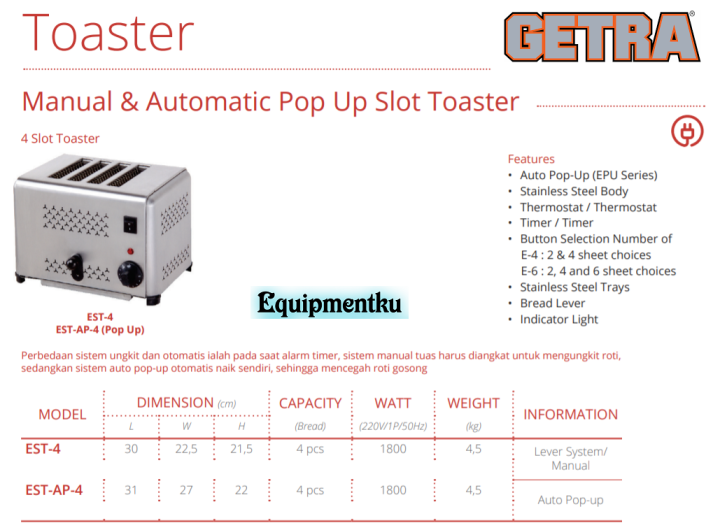 MANUAL AND AUTOMATIC POP UP SLOT TOASTER GETRA EST-4 | Lazada Indonesia