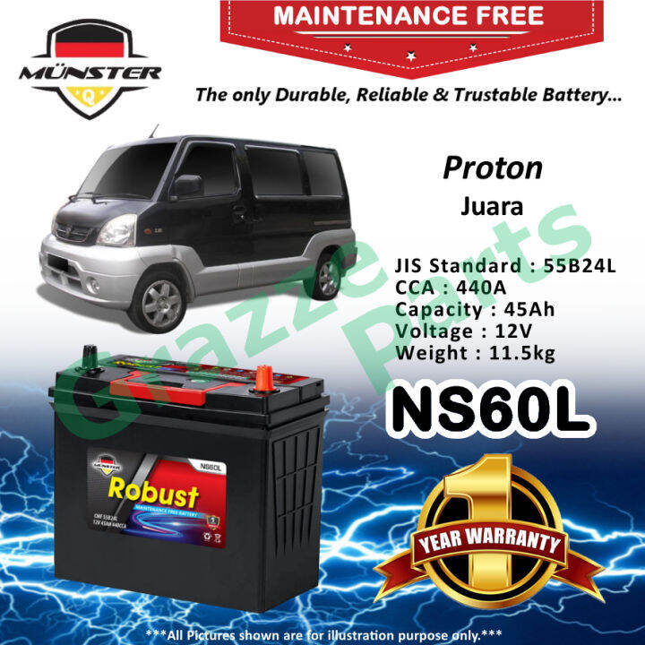 Münster Robust MF CMF NS60L | 55B24L (45AH) Car Battery Bateri Kereta for Proton Juara | Lazada