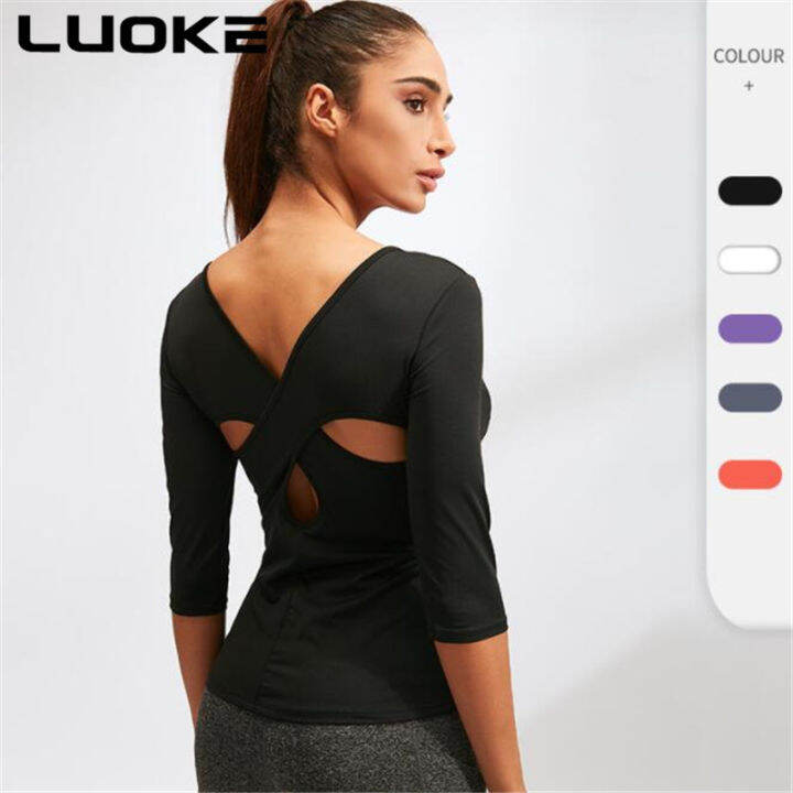 Luokeกีฬาวอร์มสตรีท็อปส์โยคะกลวงรูปตัววีความงามกลับกลางแขนออกแบบ ...