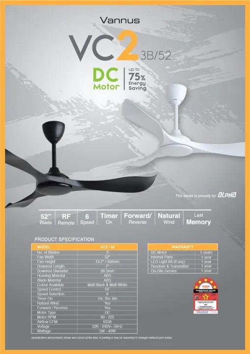 ALPHA VANNUS VC2 NO LED 52" CEILING FAN WITH REMOTE CONTROL | Lazada