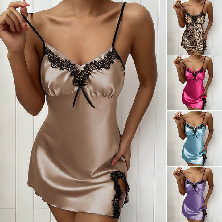 Women Nightdress Contrast Colors Silky Smooth Surface Pullover