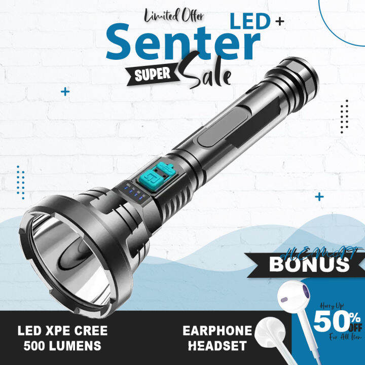 Senter LED Waterproof USB Cree XPE 500 Lumens Cas Rechargeable Charge ...