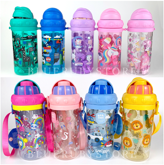 พร้อมส่ง กระติกน้ำเด็ก ลายSmiggle 430ml. หลอดเด้ง มีสาย กระบอกน้ำเด็กพกพา ขวดน้ำ ลายการ์ตูน BPA ...