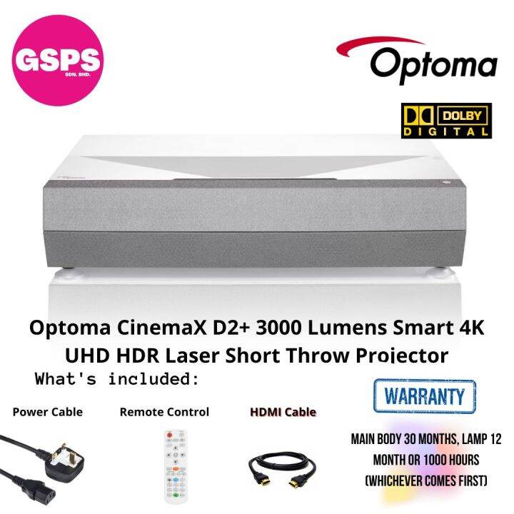Optoma CinemaX D2+ 3000 Lumens Smart 4K UHD HDR Laser Short Throw ...