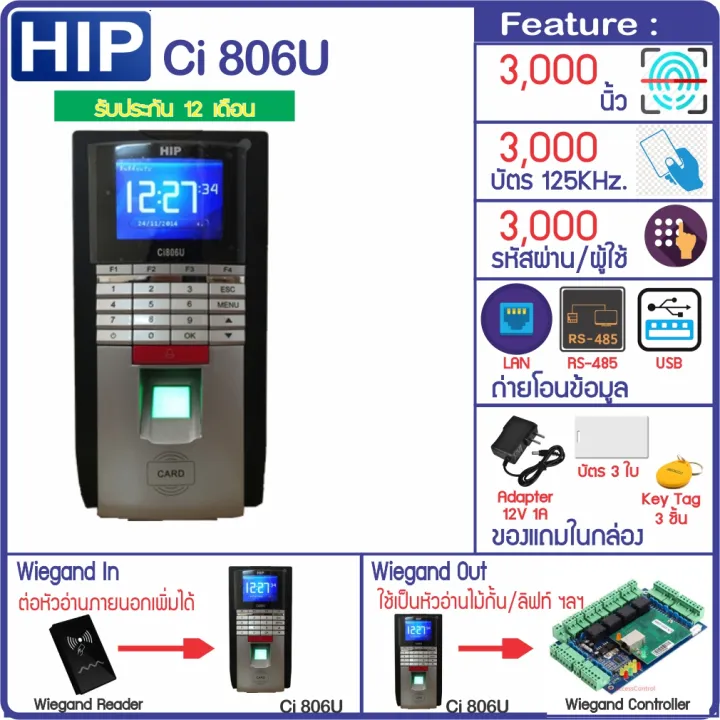 HIP Ci806U เครื่องสแกนลายนิ้วมือ อ่านบัตรเพื่อบันทึกเวลา และเปิดประตู แถมบัตร 3 ใบ และ KeyTag 3 ...