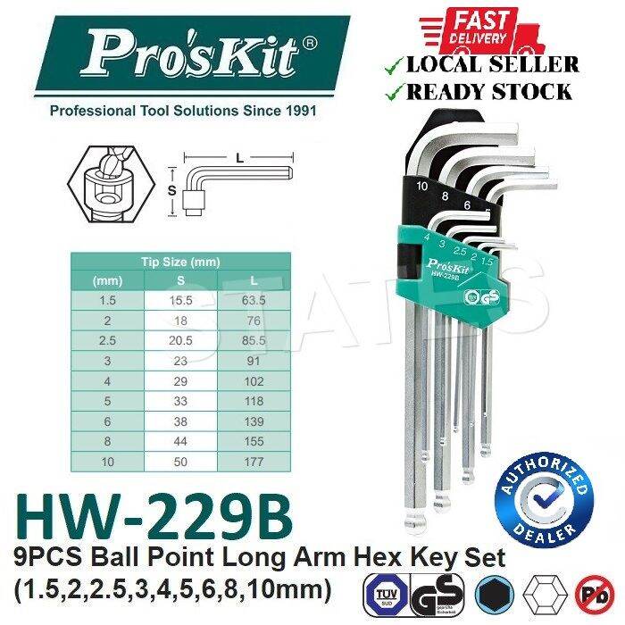 Pro'sKit HW-229B 9PCS Ball Point Long Arm Hex Key Set | Lazada