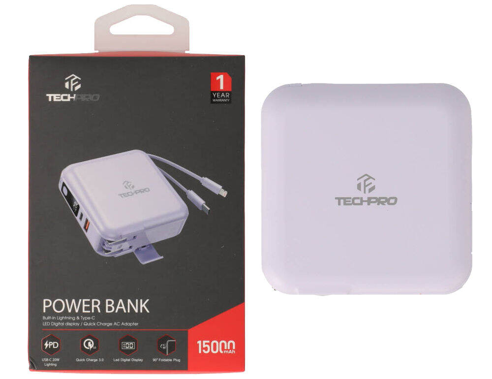 TECHPRO Power Bank 15000 mAh 1xUSB-A /1xType-C LED Display 2 in 1 Cable Purple by Studio 7 ...