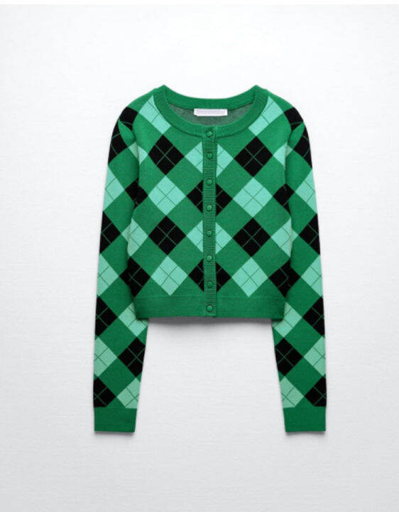 Traf Zara2022เสื้อกันหนาวใหม่รูปแบบเพชรถักแจ็คเก็ตถักชุดสั้น1750004 ...