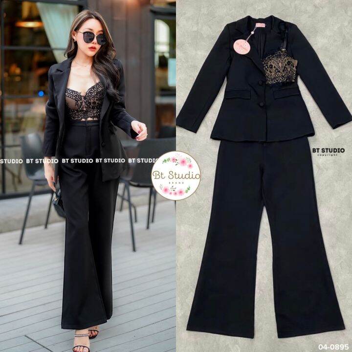 งานป้าย BT-Studio set 3ชิ้นเสื้อเบเซอร์แขนยาวคอปก ปลายแขนแต่งกระดุมทั้ง 2ข้างแมทซ์กับบราสั้นซิป ...