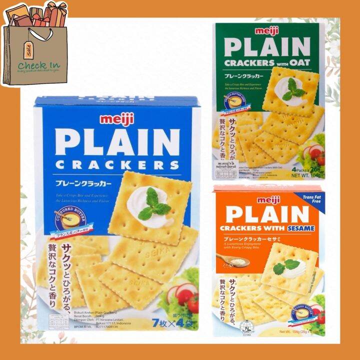 Meiji plain crackers แครกเกอร์กรอบ เมจิเพลน 3 รสชาติ (ดั้งเดิม/ผสมข้าวโอ๊ต/ผสมสาหร่าย) Meiji ...