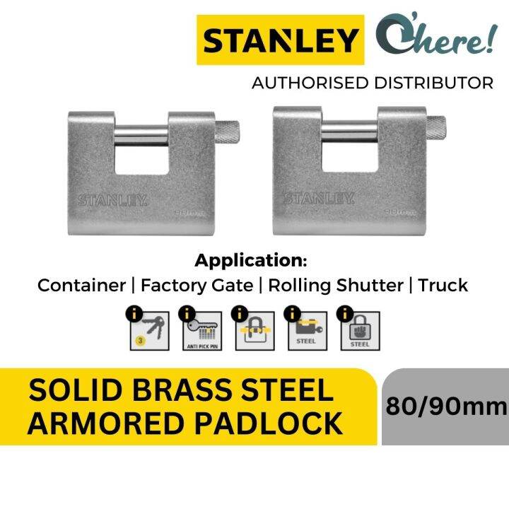 Stanley Solid Brass Rectangular Padlock With Hardened Steel Case 80mm ...