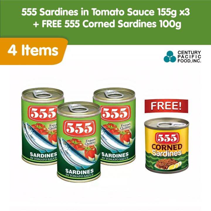 555 Sardines in Tomato Sauce 155g Pack of 3 + 555 Corned Sardines 100g ...