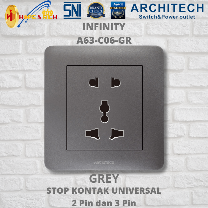 ARCHITECH INFINITY A63-C06-Stop Kontak Universal (2 Pin & 3 Pin), GREY | Lazada Indonesia