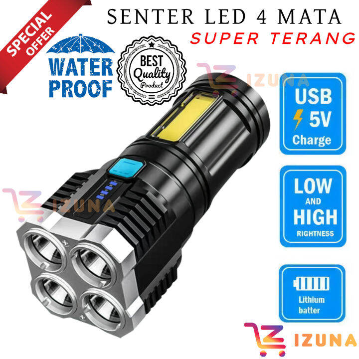 [IZUNA] SENTER LED 4 MATA + COB LED SUPER TERANG FREE KABEL CAS USB ...