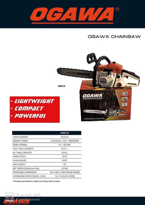 OGAWA CHAINSAW 16INCH OG5216 (LIGHTWEIGHT AND HEAVY DUTY)(MESIN TEBANG ...