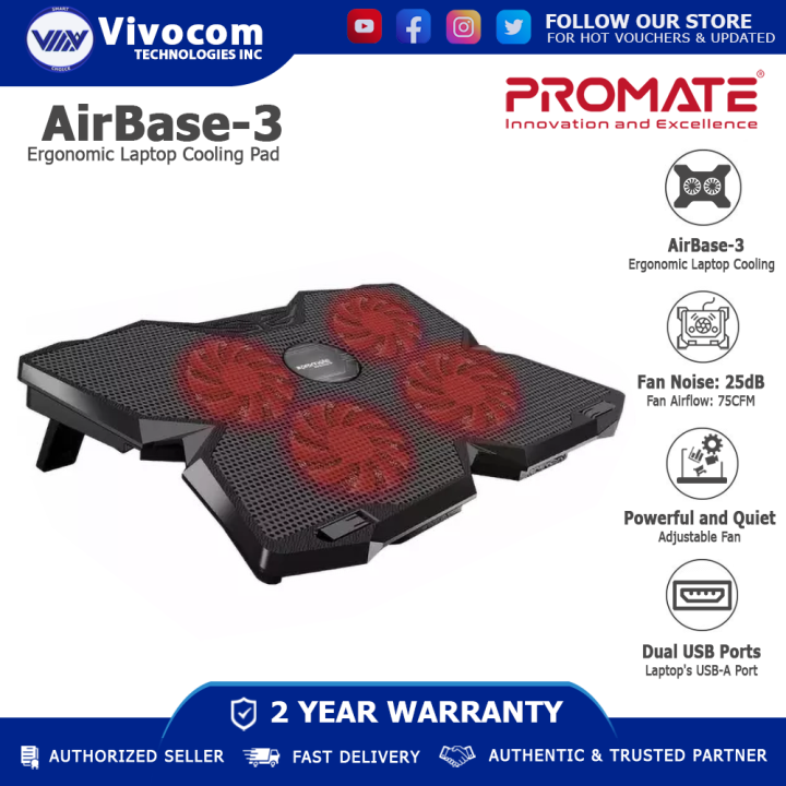 Promate AirBase-3 Ergonomic Laptop Cooling Pad with Silent Fan ...