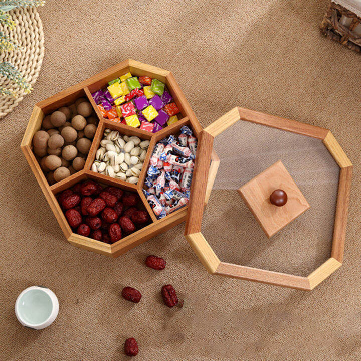 Wooden Dried Fruit Box with Lid Multi Compartments Snack Storage ...