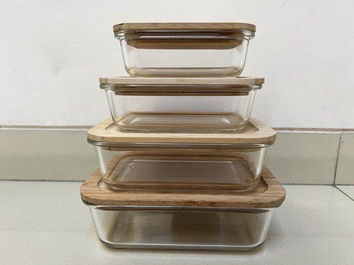 Tempat Kotak Makanan Kaca Tutup Kayu Bambu Glass Food Container - 370 ...