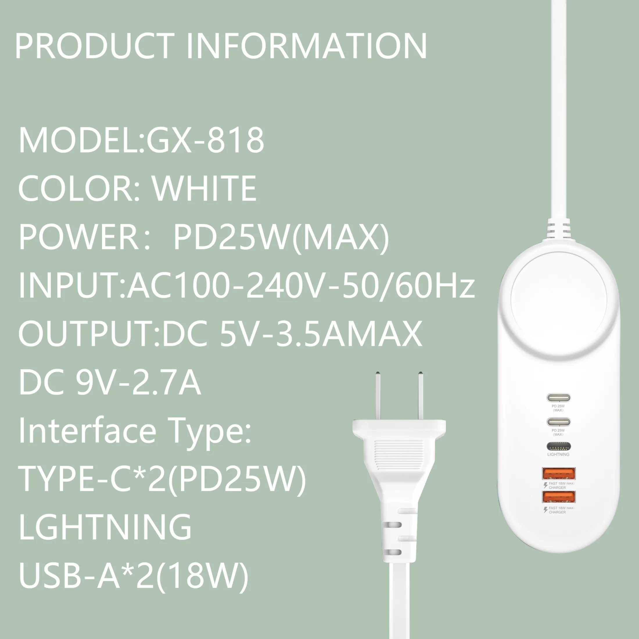 25W PD Fast Charger 2 USB 2 Type C 1 Lightning port US Plug Socket ...
