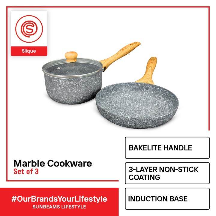 SLIQUE Marble Cookware [Set of 3] Multi Layer Non-Stick Marble Coating ...