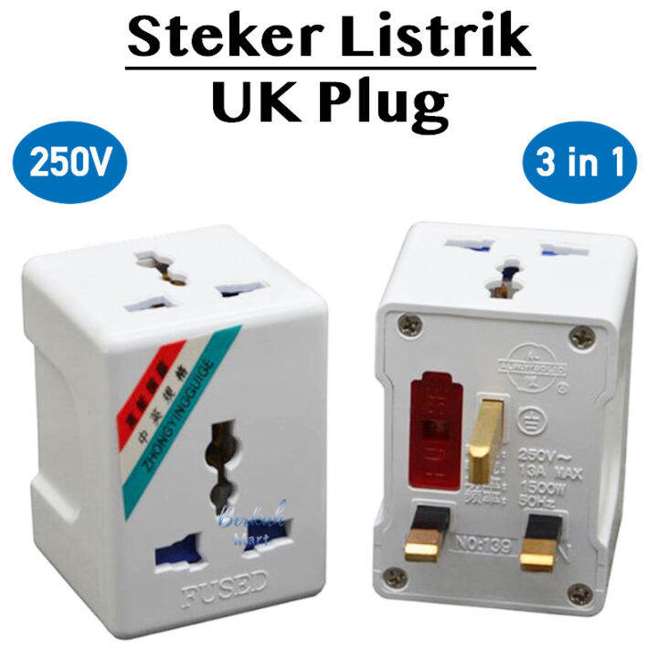 Soket Steker Listrik 3 Pin UK Plug 3 in 1 Adaptor Stop Kontak 13A 250V 1500W Universal Travel ...