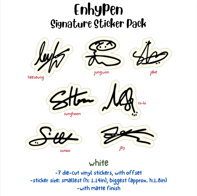 Enhypen Signature Sticker Pack 7 pcs. Waterproof Transparent White ...